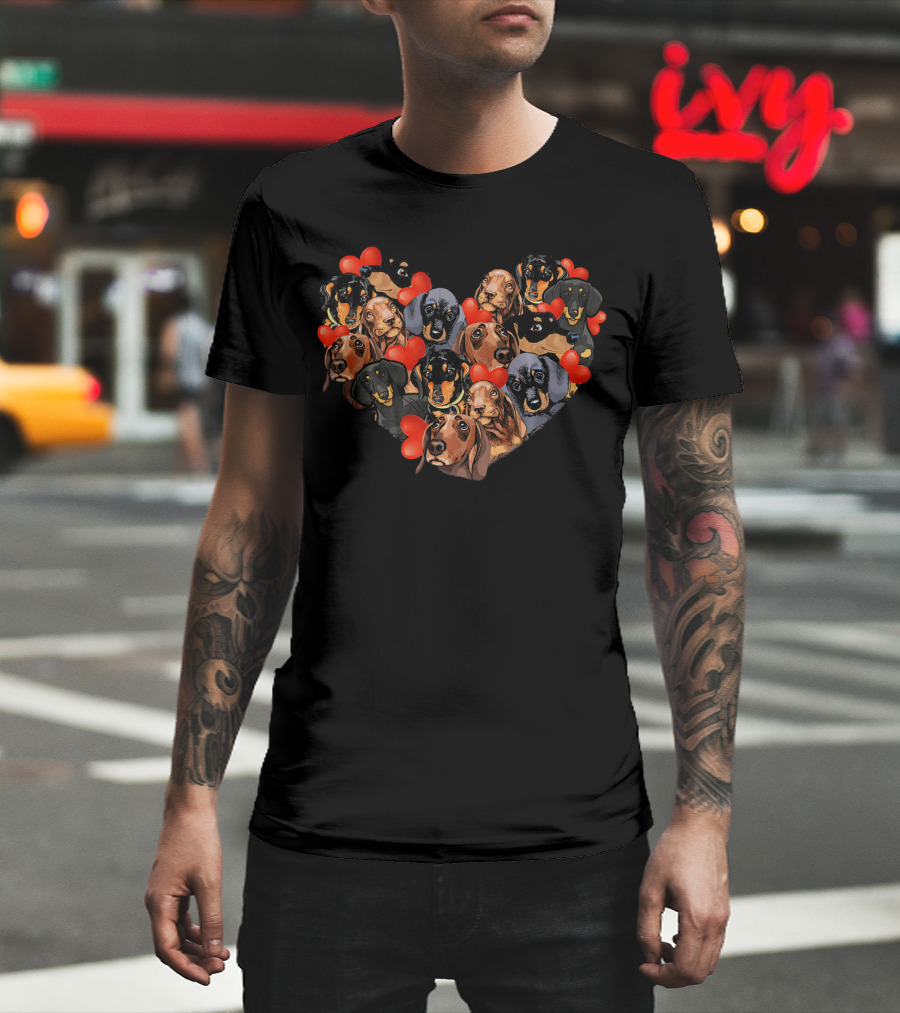 Cute Dachshund Heart Valentine Filled With Dachshunds And Hearts T-Shirt