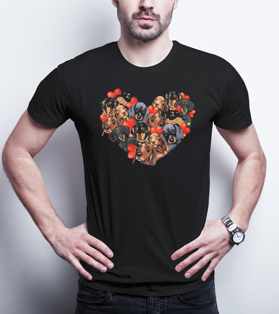 Cute Dachshund Heart Valentine Filled With Dachshunds And Hearts T-Shirt
