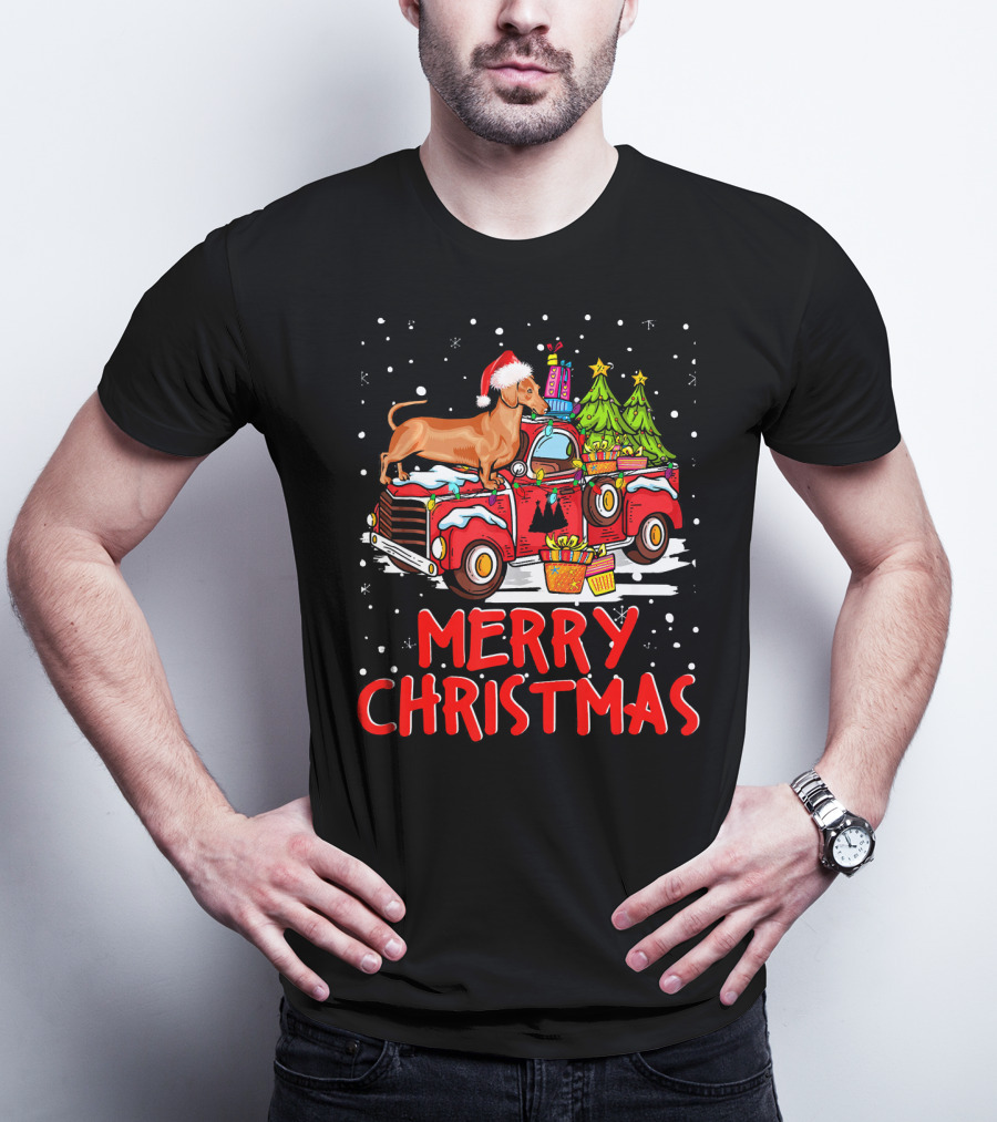 Merry Christmas Dachshund Santa Hat Red Truck With Gifts And Trees T-Shirt