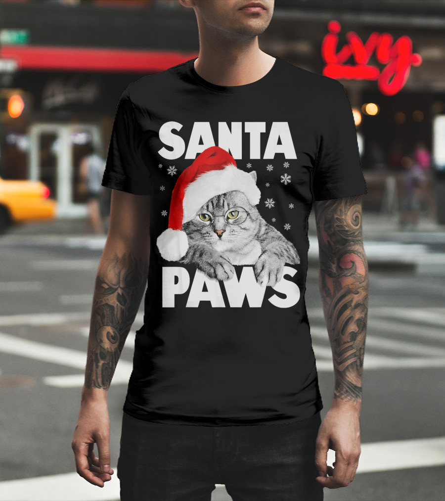 Santa Paws Christmas Kitty Cat Funny Graphic Snowflakes Hat T-Shirt