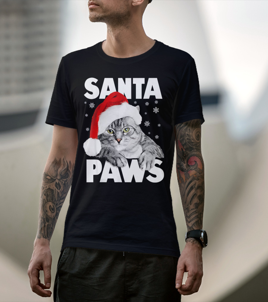 Santa Paws Christmas Kitty Cat Funny Graphic Snowflakes Hat T-Shirt