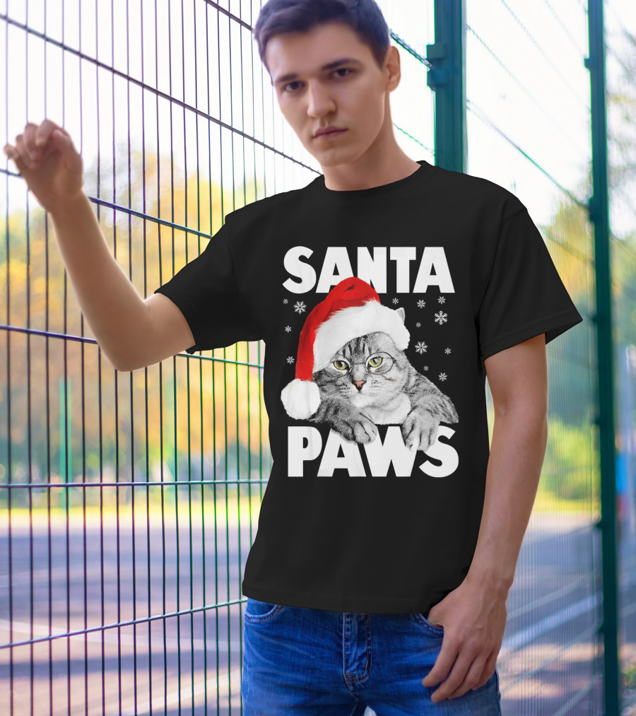 Santa Paws Christmas Kitty Cat Funny Graphic Snowflakes Hat T-Shirt