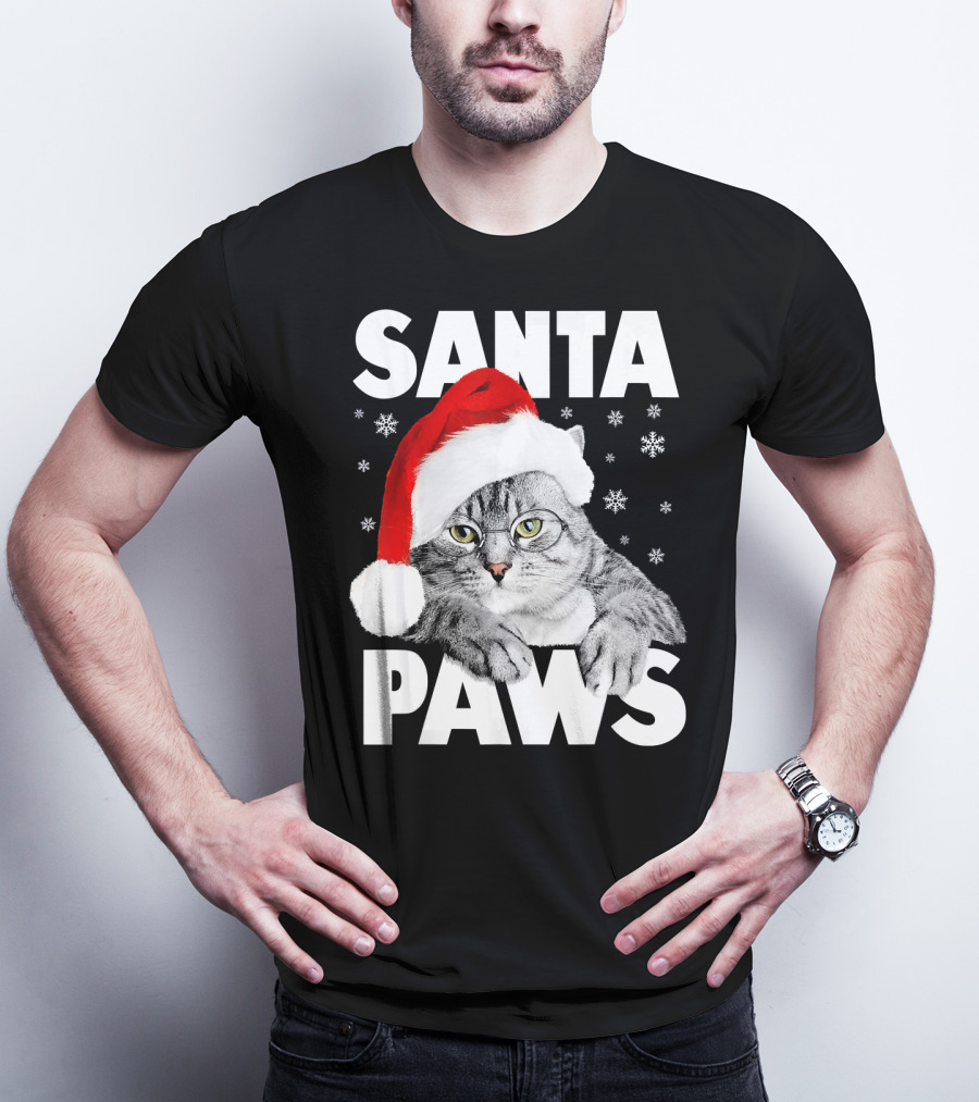 Santa Paws Christmas Kitty Cat Funny Graphic Snowflakes Hat T-Shirt