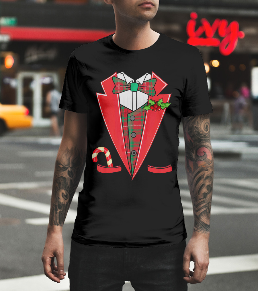 Tuxedo Christmas Fancy Xmas Co Red Plaid Bowtie Candy Cane Holiday Jacket T-Shirt