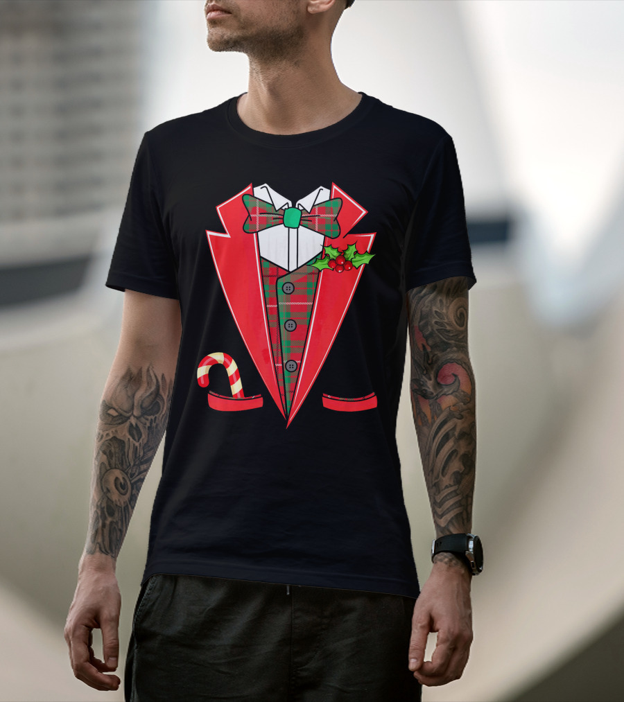 Tuxedo Christmas Fancy Xmas Co Red Plaid Bowtie Candy Cane Holiday Jacket T-Shirt