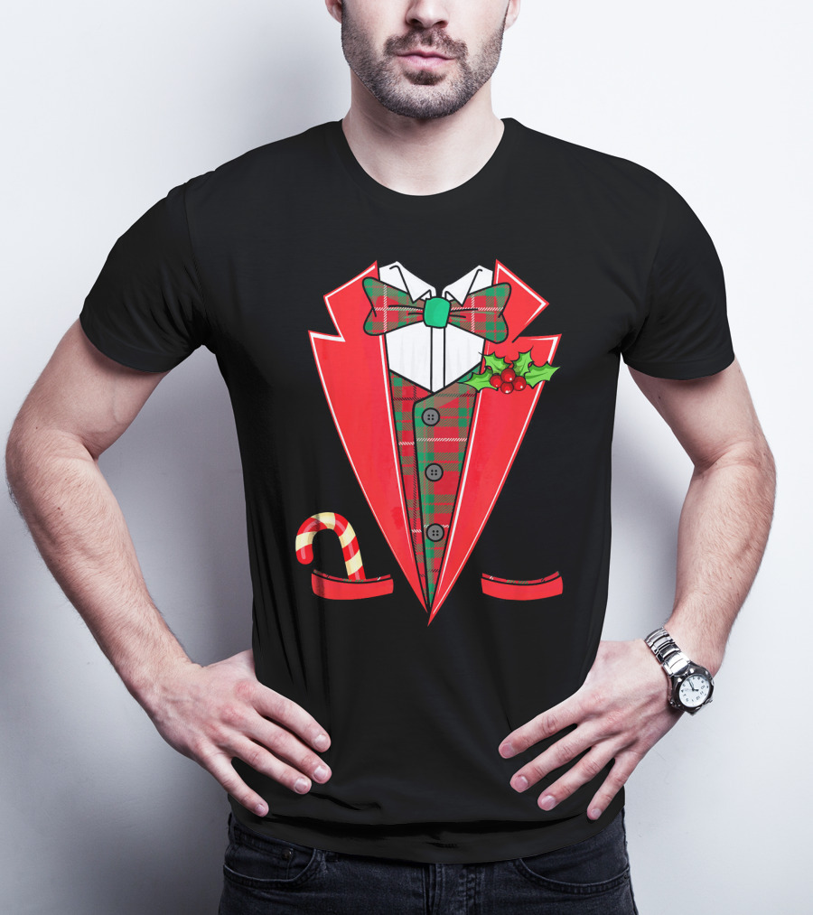 Tuxedo Christmas Fancy Xmas Co Red Plaid Bowtie Candy Cane Holiday Jacket T-Shirt