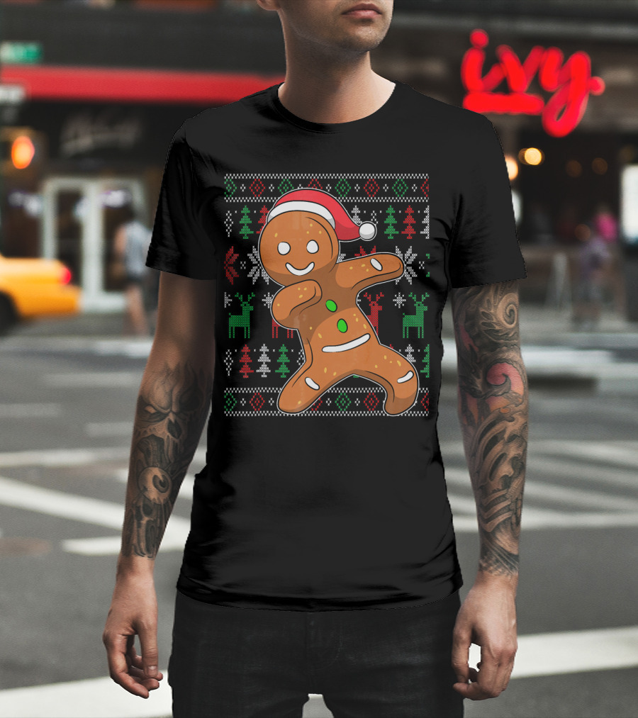 Ugly Christmas Sweater Dabbing Gingerbread Man Santa Hat Holiday T-Shirt