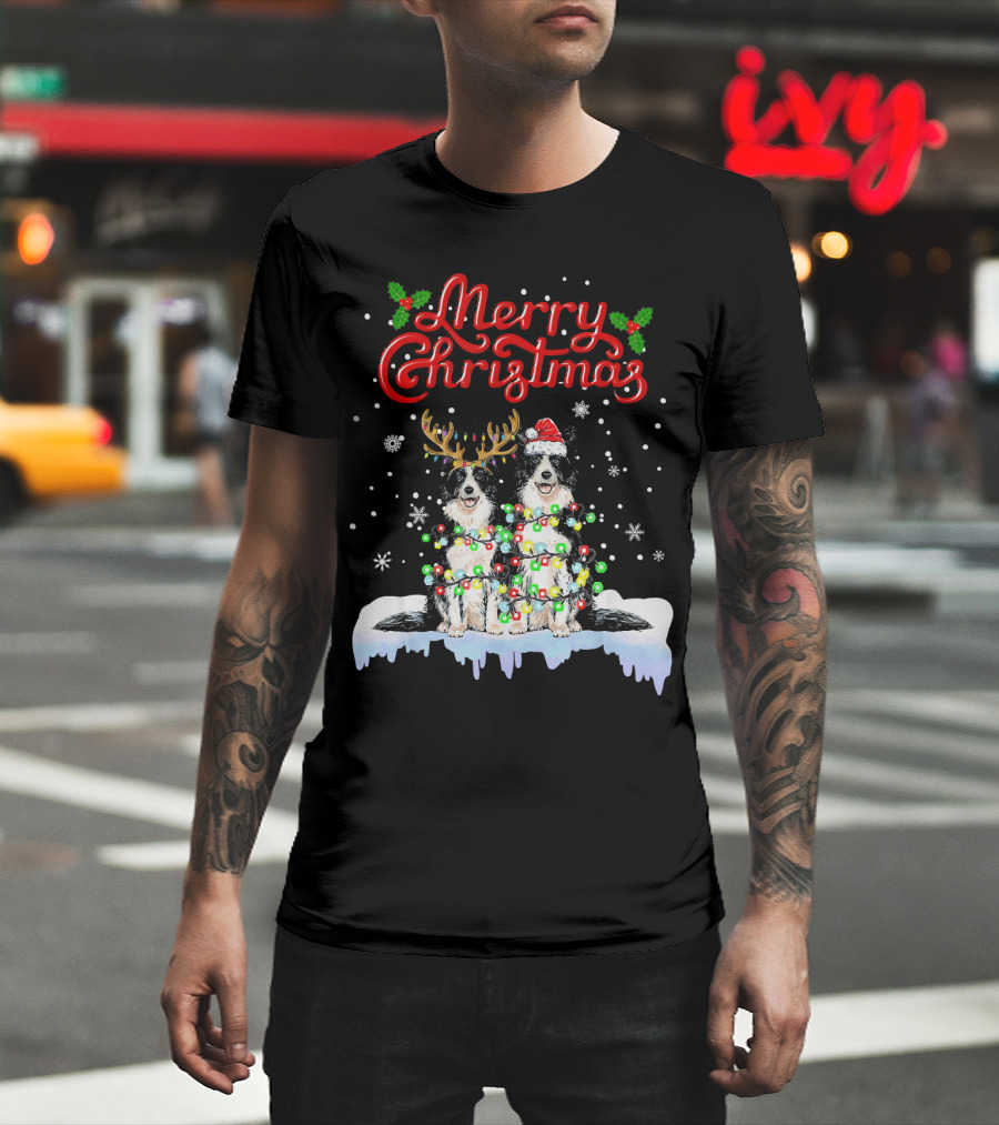 Merry Christmas Border Collie Christmas Lights Funny Dog Santa Reindeer T-Shirt