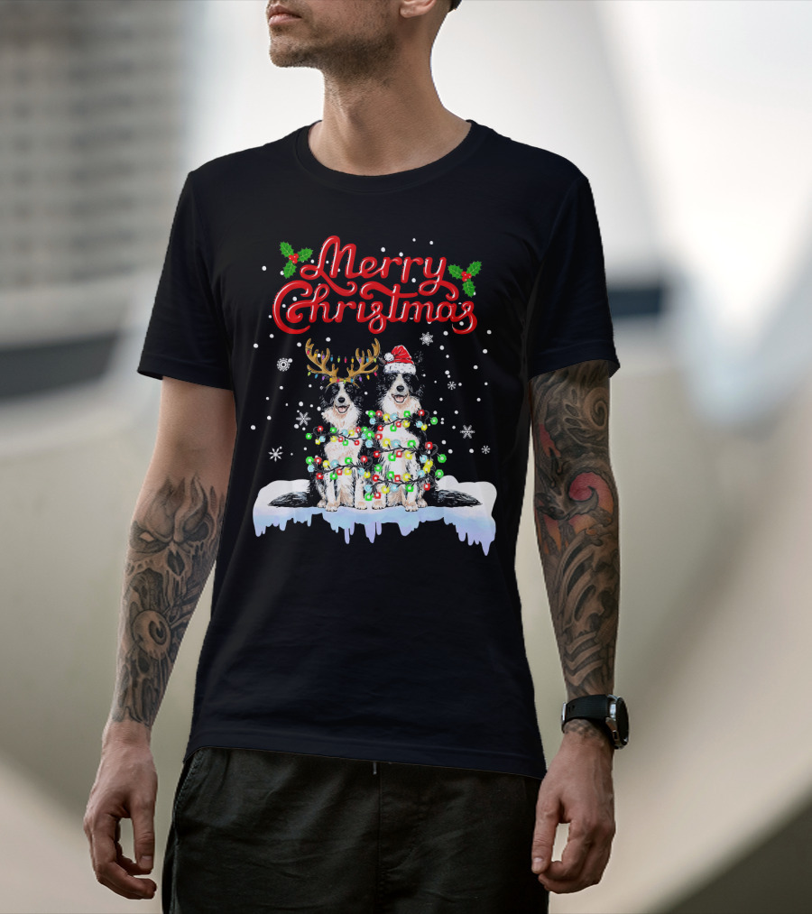 Merry Christmas Border Collie Christmas Lights Funny Dog Santa Reindeer T-Shirt
