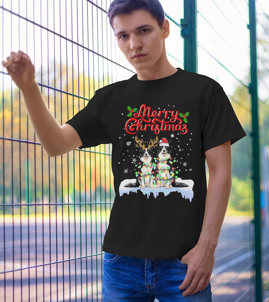 Merry Christmas Border Collie Christmas Lights Funny Dog Santa Reindeer T-Shirt