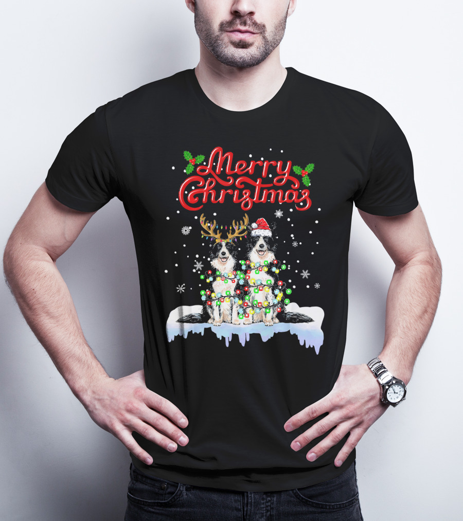Merry Christmas Border Collie Christmas Lights Funny Dog Santa Reindeer T-Shirt