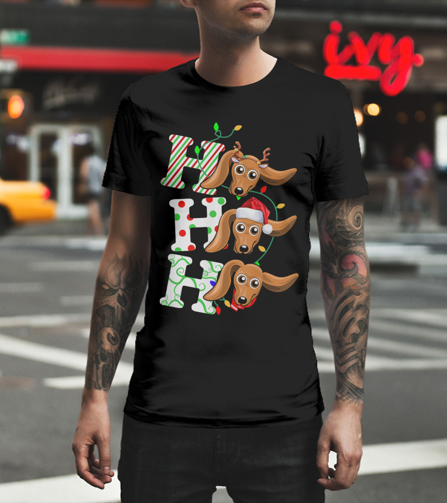 Dachshund Ho Ho Ho Reindeer Antlers Santa Hat Christmas Lights T-Shirt