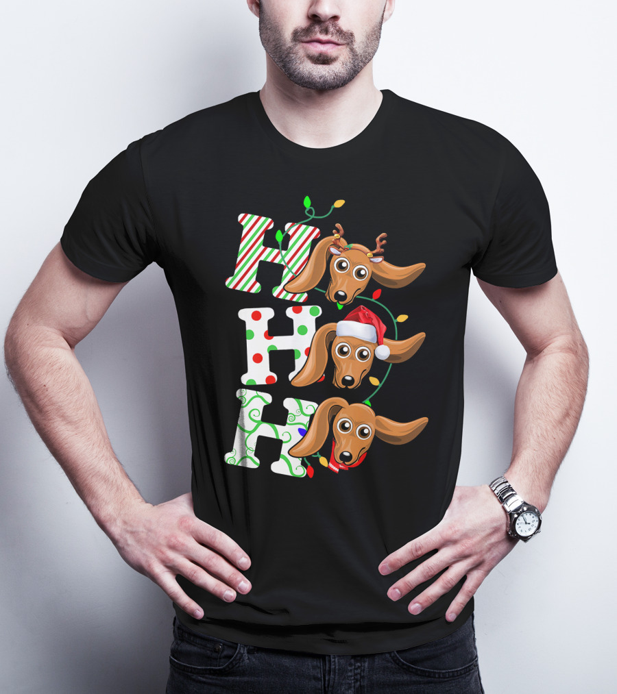 Dachshund Ho Ho Ho Reindeer Antlers Santa Hat Christmas Lights T-Shirt
