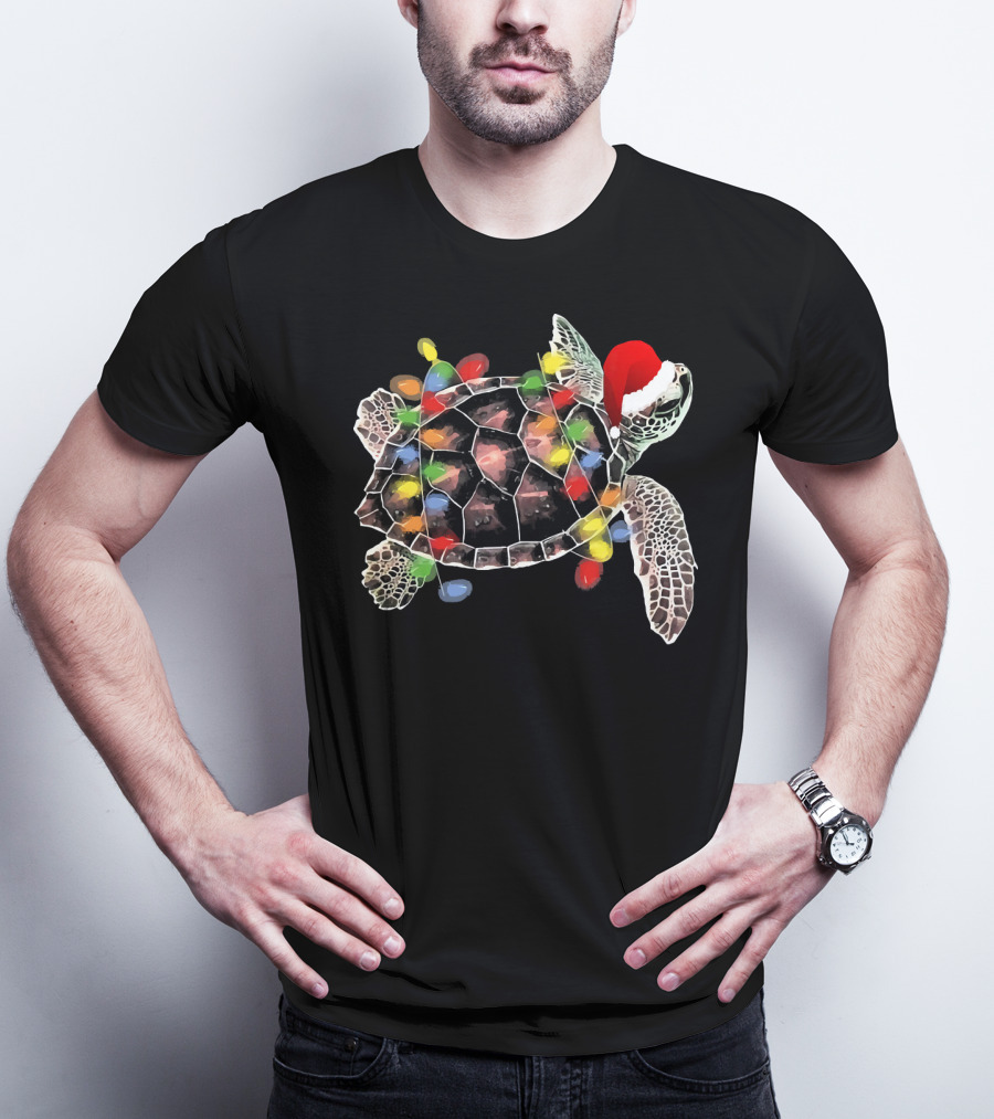 Sea Turtle With Christmas Lights In Santa Hat Merry Chris T-Shirt