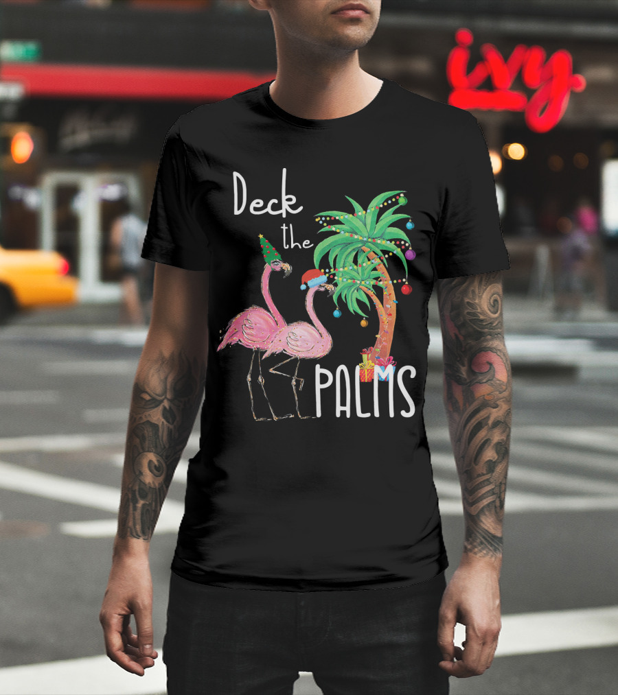 Deck The Palms Christmas Flamingo Family Tropical Holiday Scene T-Shirt