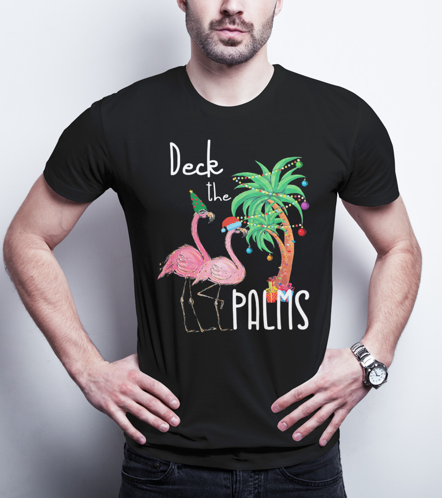 Deck The Palms Christmas Flamingo Family Tropical Holiday Scene T-Shirt