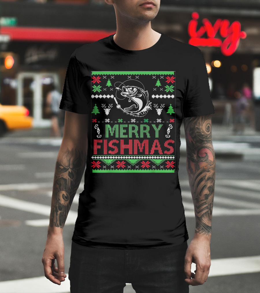 Merry Fishmas Ugly Fishing Christmas Bass Fish T-Shirt