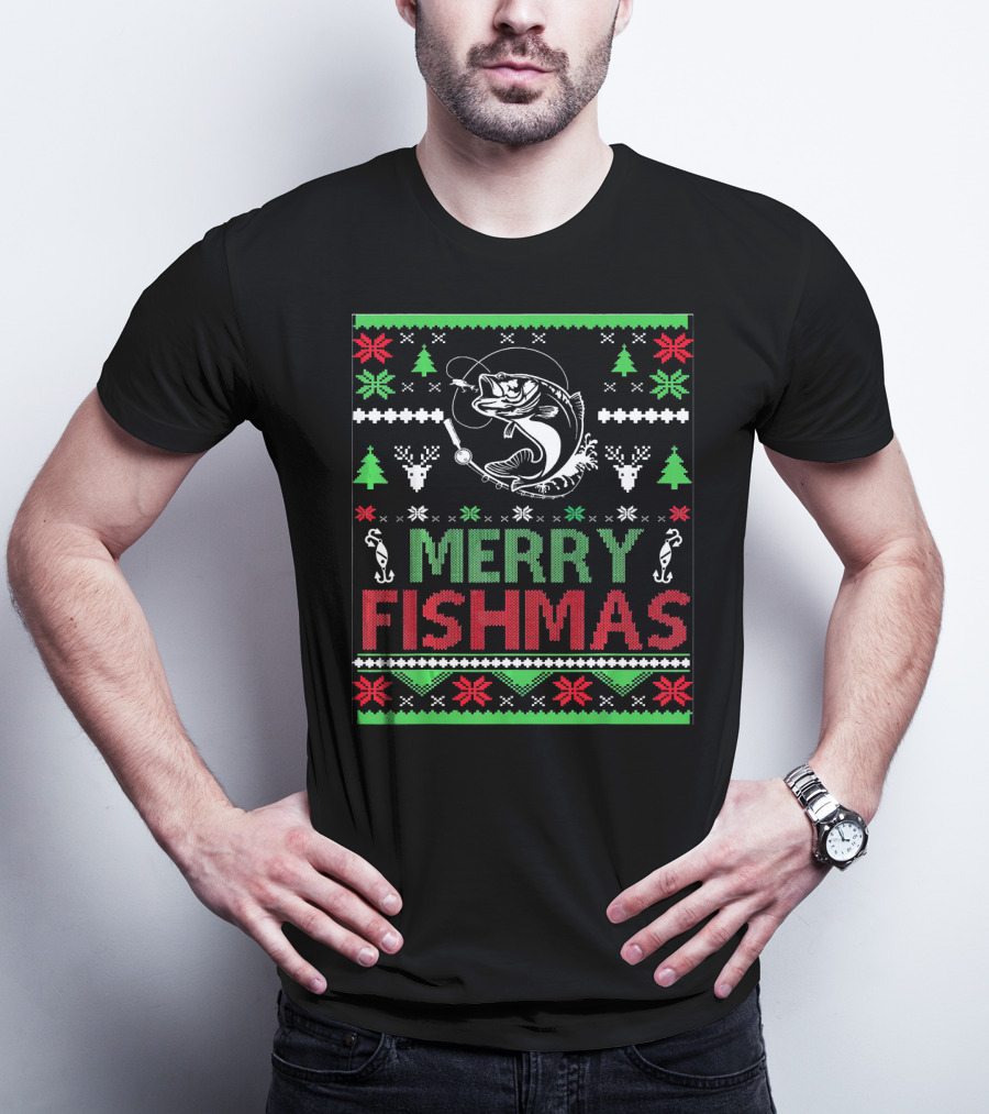 Merry Fishmas Ugly Fishing Christmas Bass Fish T-Shirt