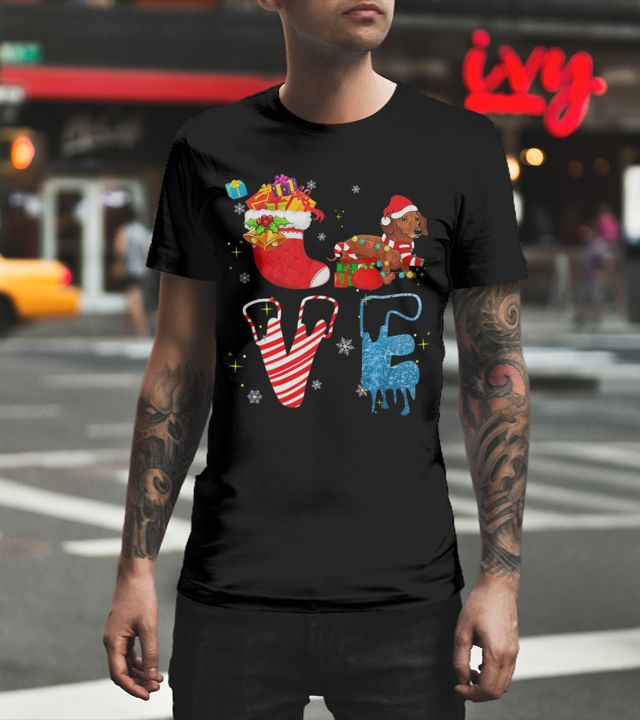 Dachshund Forever Love Merry Christmas Stocking Candy Cane Snowflakes T-Shirt