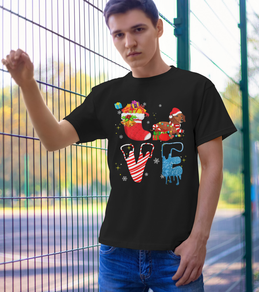 Dachshund Forever Love Merry Christmas Stocking Candy Cane Snowflakes T-Shirt