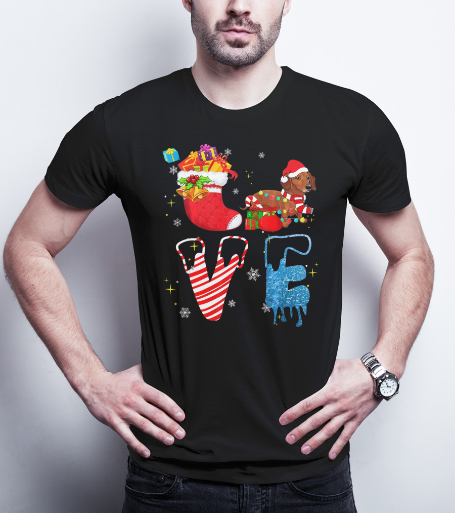 Dachshund Forever Love Merry Christmas Stocking Candy Cane Snowflakes T-Shirt