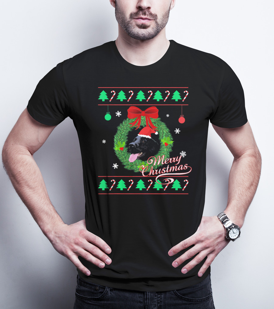 Merry Christmas Black Lab Puppy In Santa Hat With Wreath And Candy Canes T-Shirt