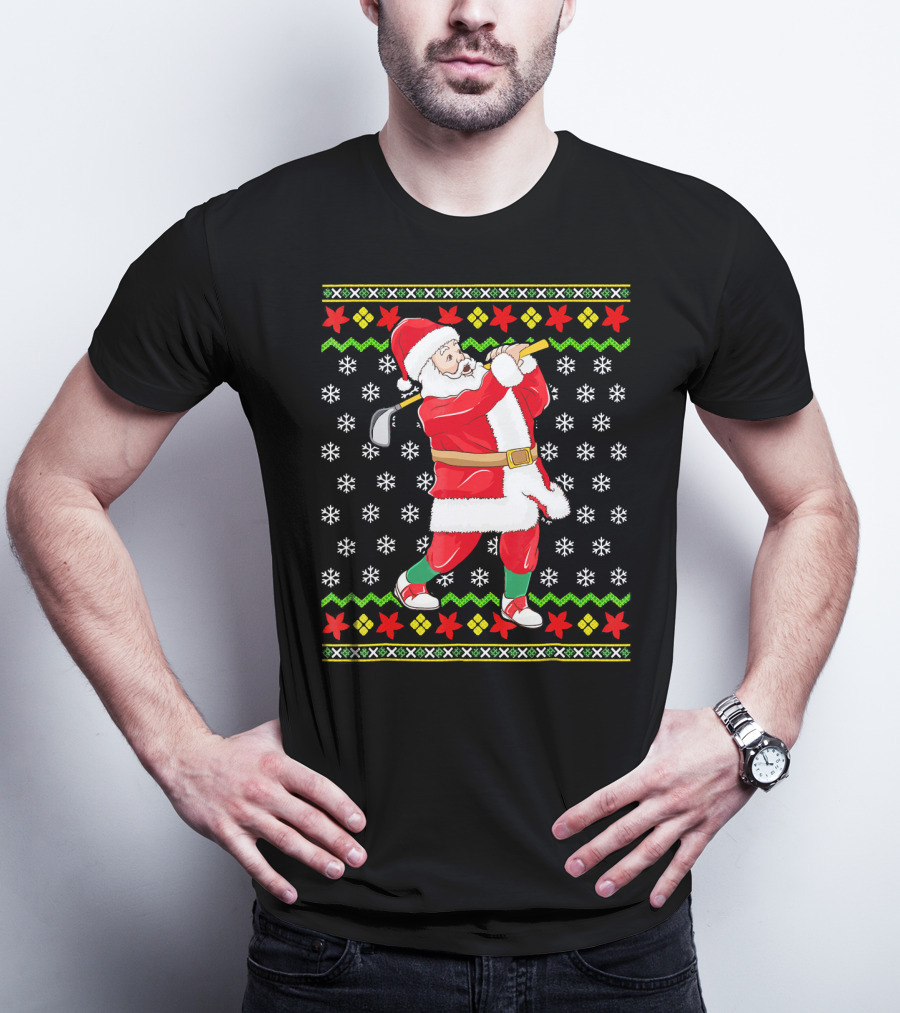 Ugly Christmas Santa Playing Golf Snowflakes T-Shirt