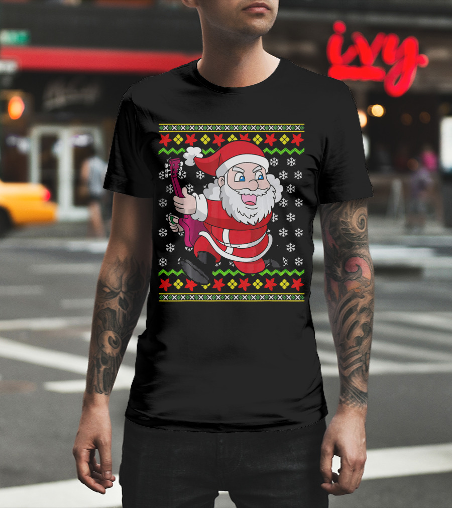 Ugly Christmas Santa Playing Guitar Festive T-Shirt