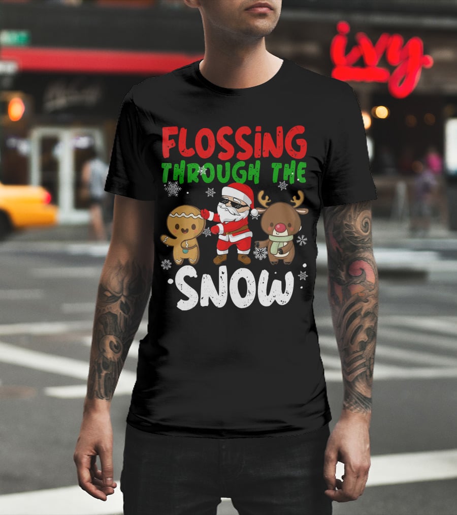 Flossing Through The Snow Santa Gingerbread Reindeer Christmas T-Shirt