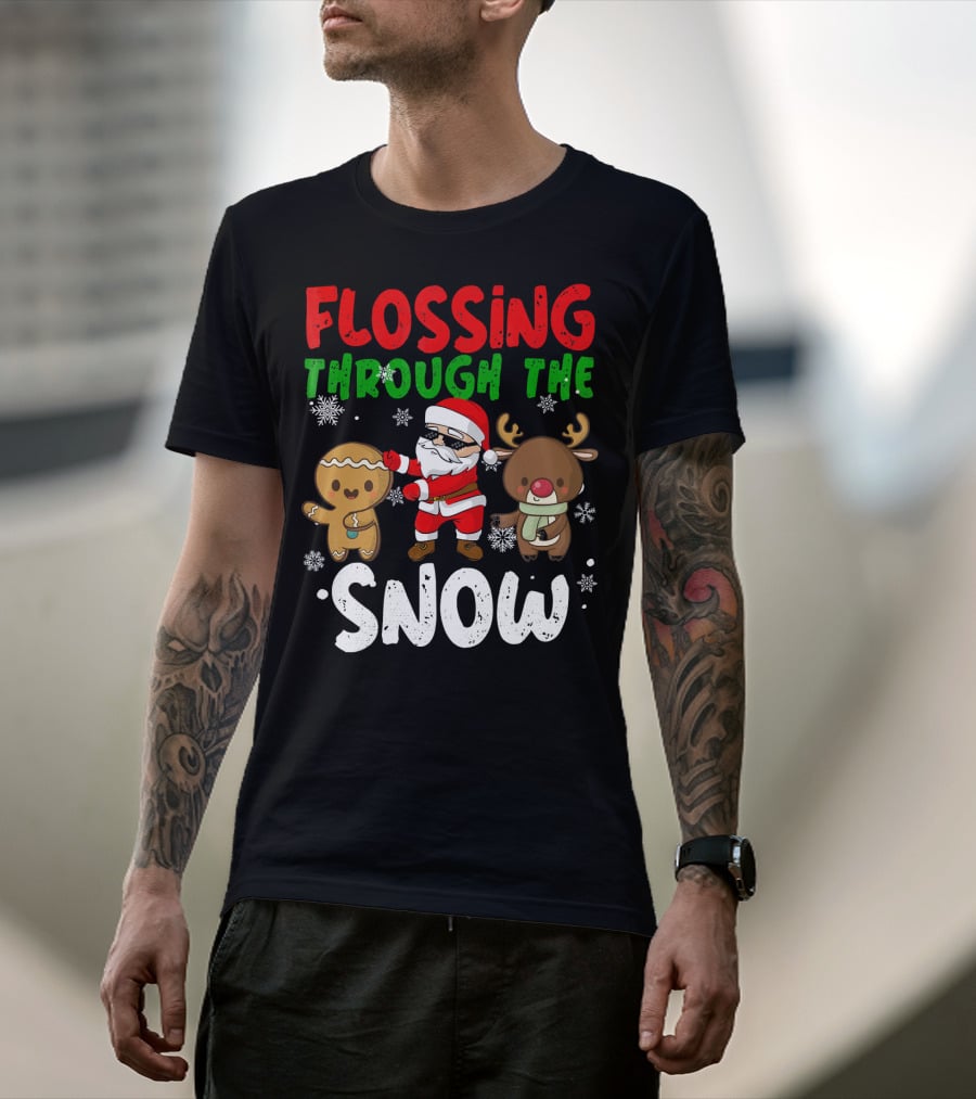 Flossing Through The Snow Santa Gingerbread Reindeer Christmas T-Shirt
