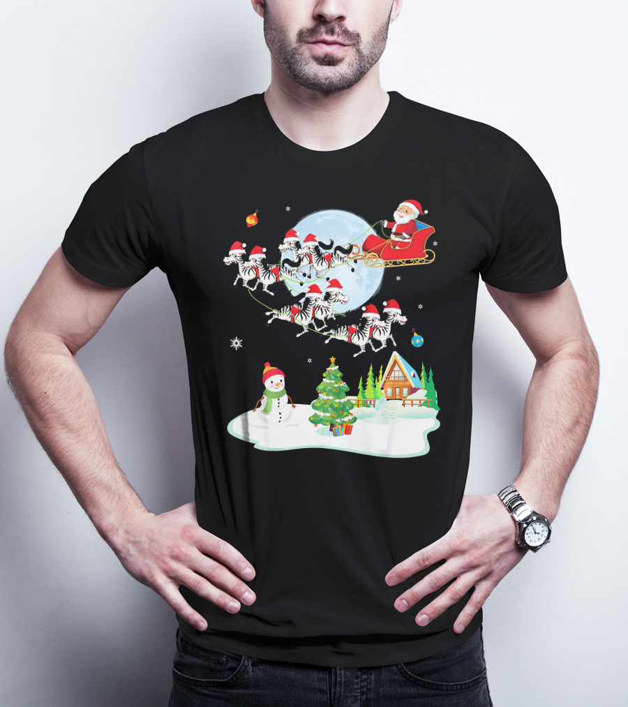 Santa Claus Sleigh With Zebras And Snowman By Christmas Tree T-Shirt