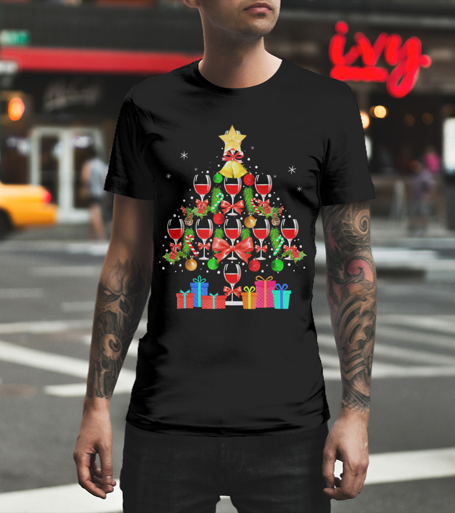 Wine Glass Christmas Tree With Gifts And Decorations T-Shirt