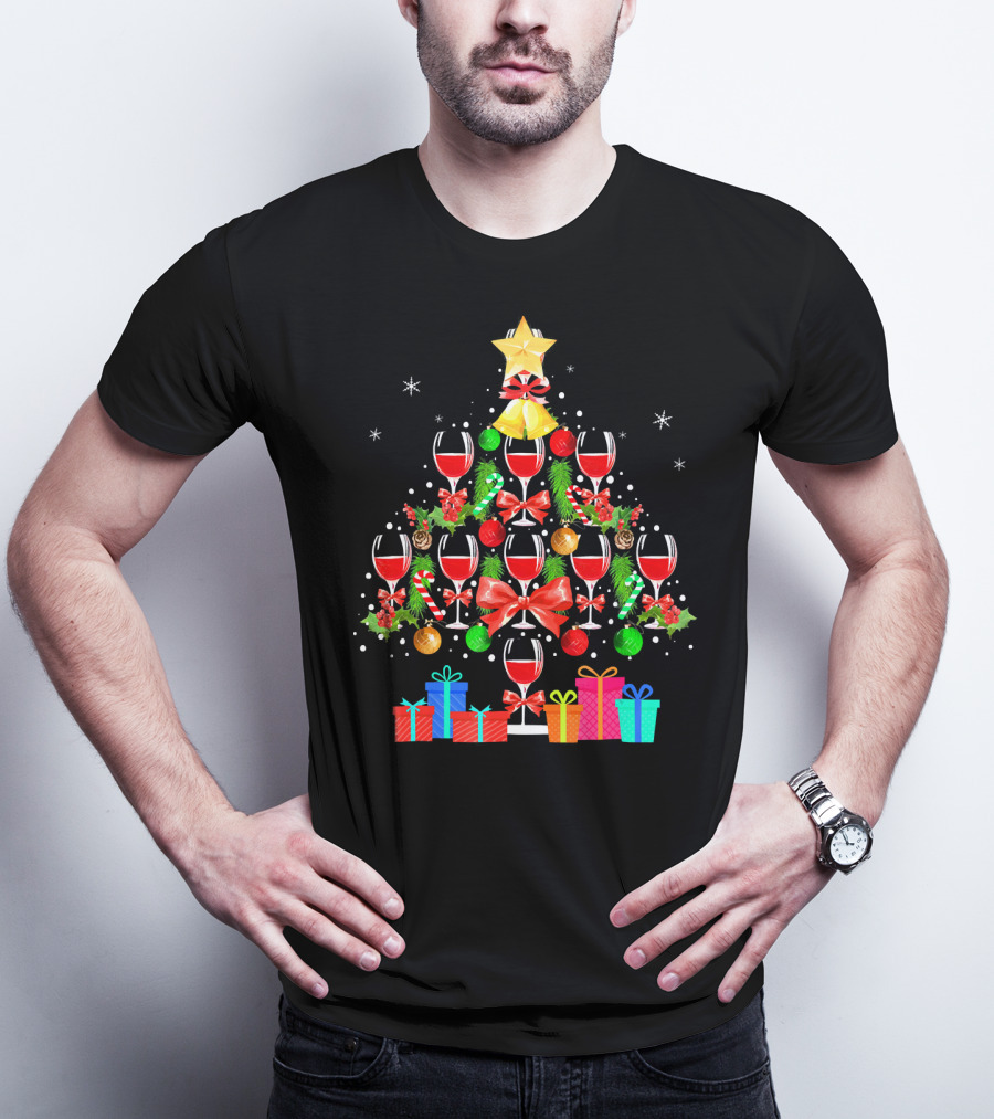 Wine Glass Christmas Tree With Gifts And Decorations T-Shirt