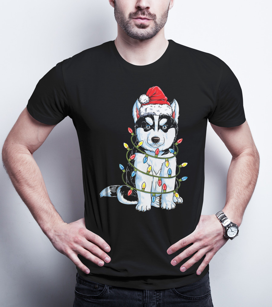 Siberian Husky Wrapped In Christmas Lights With Santa Hat T-Shirt