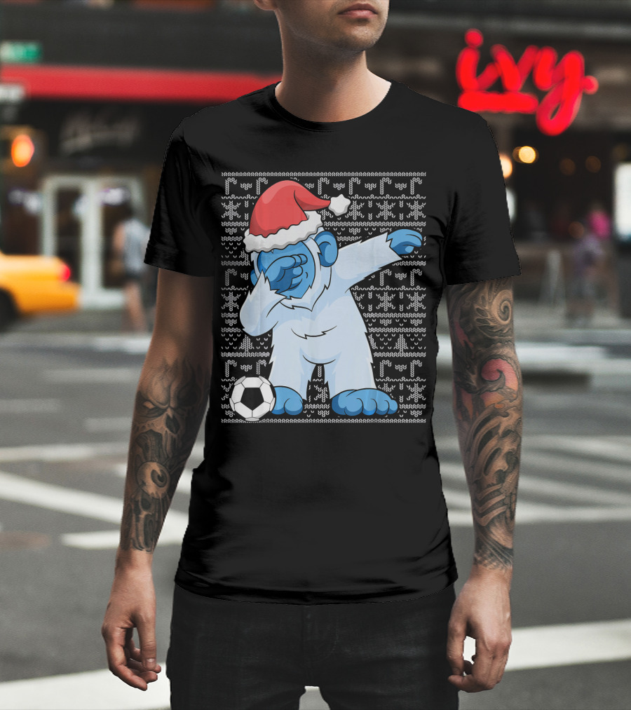 Dabbing Abominable Snowman Santa With Soccer Ball Holiday Ugly T-Shirt