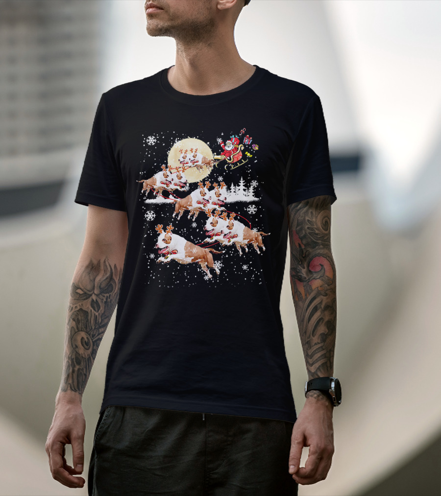 Santa's Christmas Pitbull Reindeer Sleigh Ride T-Shirt