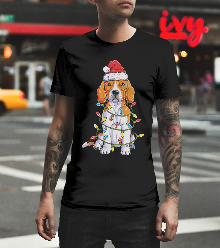 Beagle Wrapped In Christmas Lights With Santa Hat T-Shirt