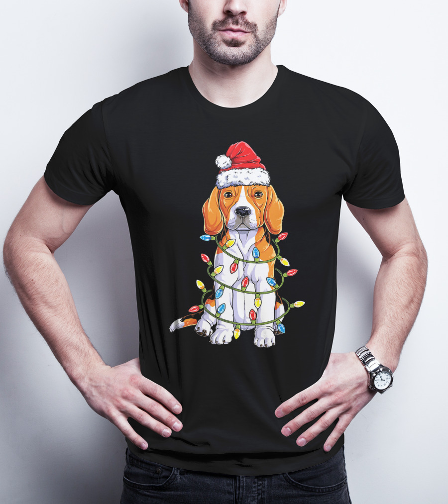 Beagle Wrapped In Christmas Lights With Santa Hat T-Shirt