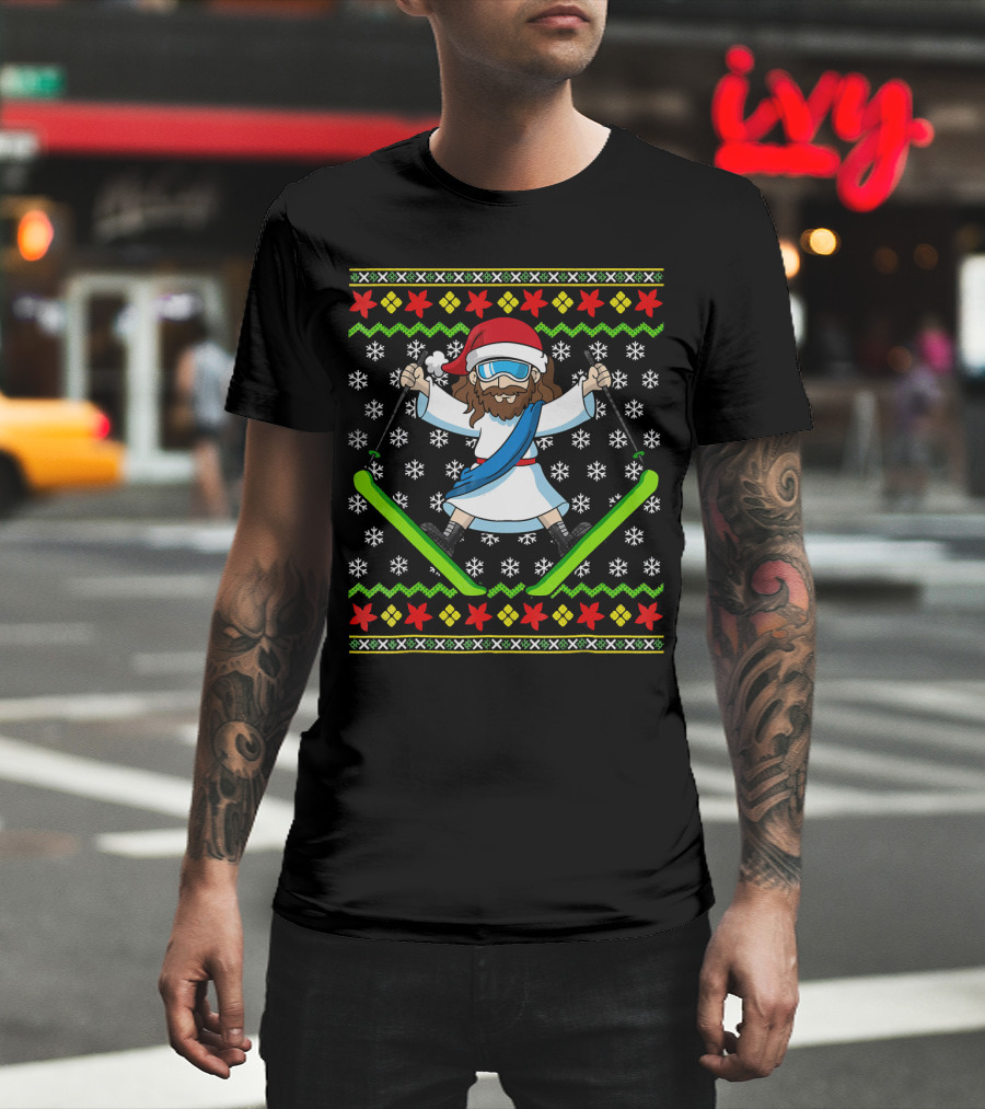 Ugly Christmas Kids Jesus Skiing Santa Hat Snowflakes T-Shirt