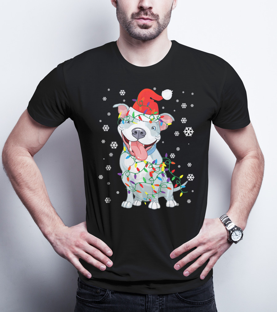Pitbull Wrapped In Christmas Lights With Santa Hat And Snowflakes T-Shirt