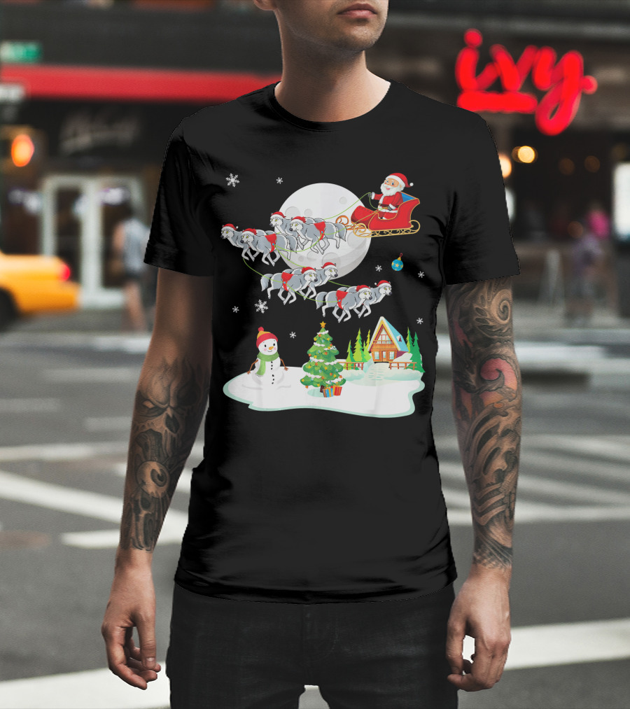 Santa Claus Sleigh Riding Over Snowman And Christmas Scene With Wolves T-Shirt
