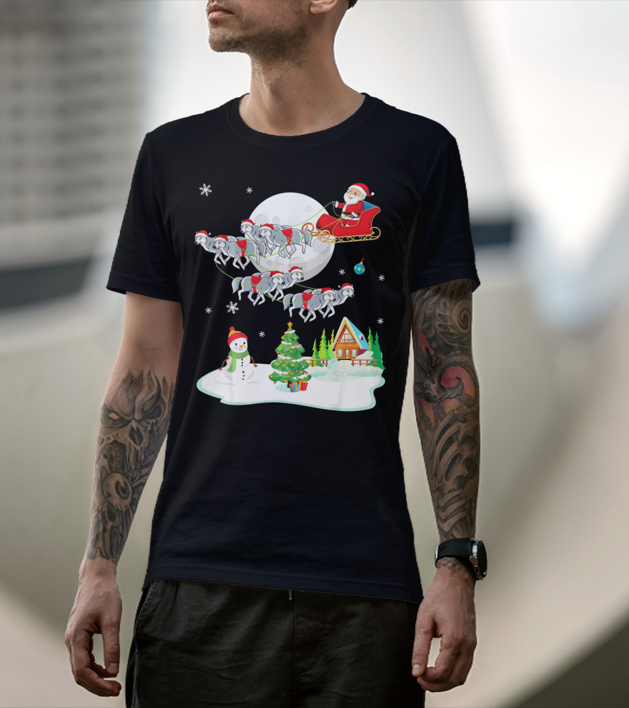 Santa Claus Sleigh Riding Over Snowman And Christmas Scene With Wolves T-Shirt