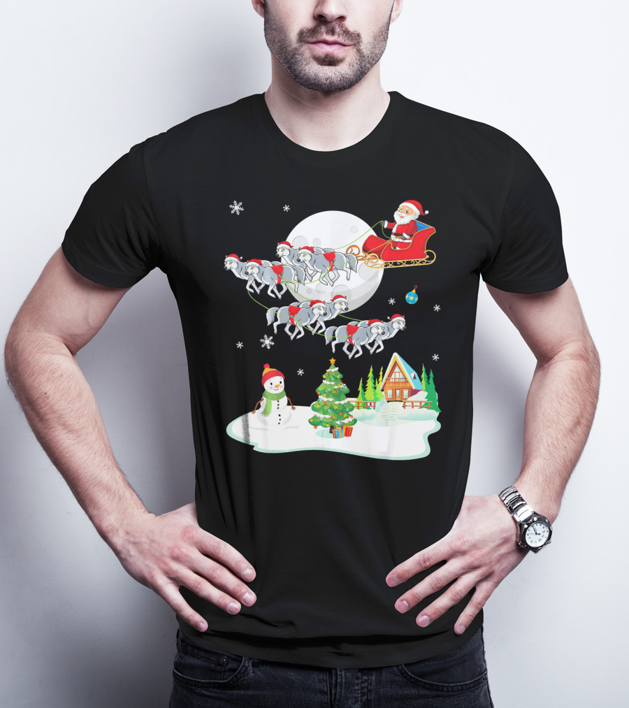 Santa Claus Sleigh Riding Over Snowman And Christmas Scene With Wolves T-Shirt