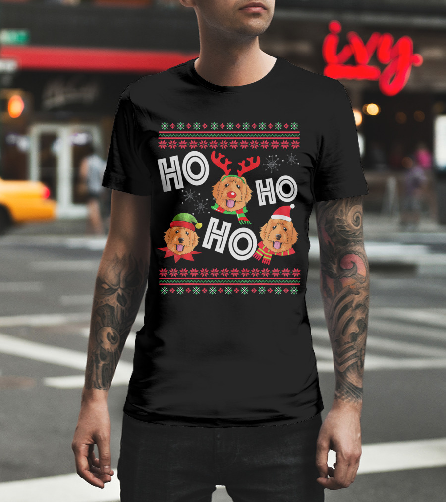 HO HO HO Golden Doodle Funny Dog Christmas Antlers Santa Hat Snowflakes T-Shirt