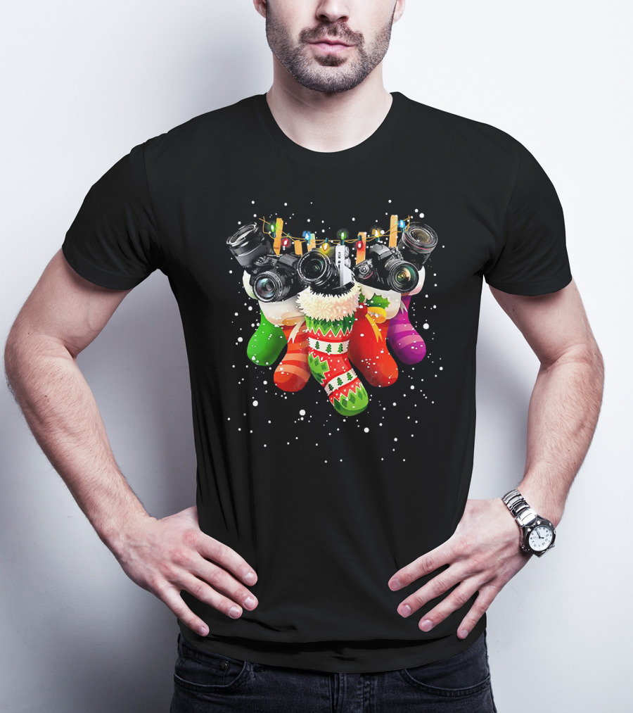 Christmas Stocking Cameras With Festive Lights For Photography Lovers T-Shirt