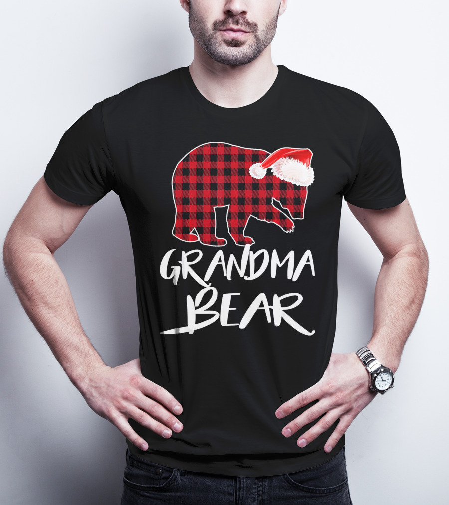 Grandma Bear Red Plaid Santa Hat T-Shirt