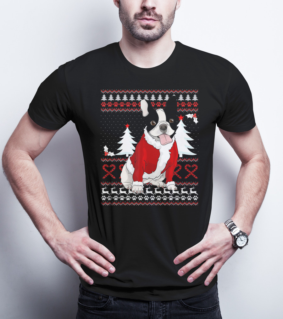 Cute French Bulldog Christmas Sweater With Santa Outfit And Holiday Trees T-Shirt