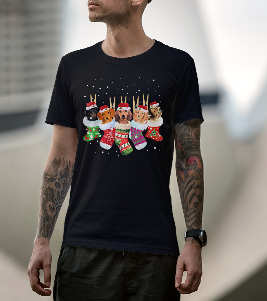 Christmas Socks Dachshund Santa Hats Snowflakes T-Shirt
