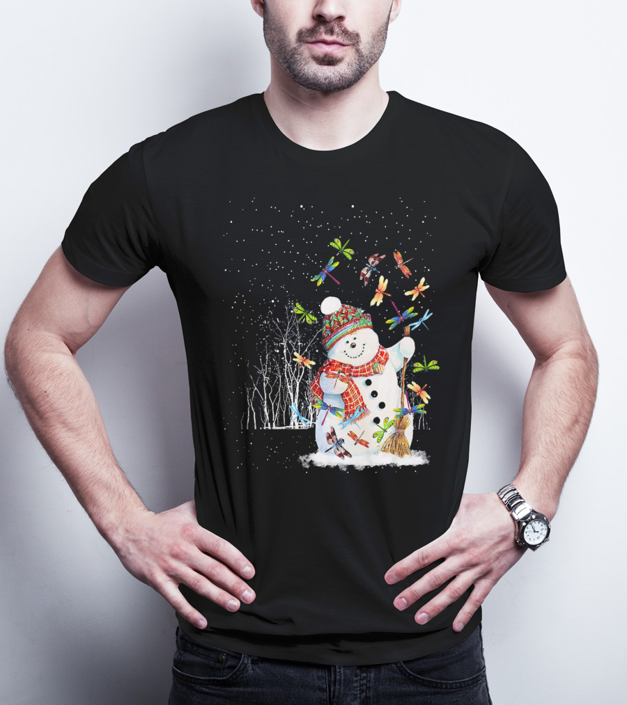 Merry Christmas Dragonfly Snowman In Winter Scene T-Shirt