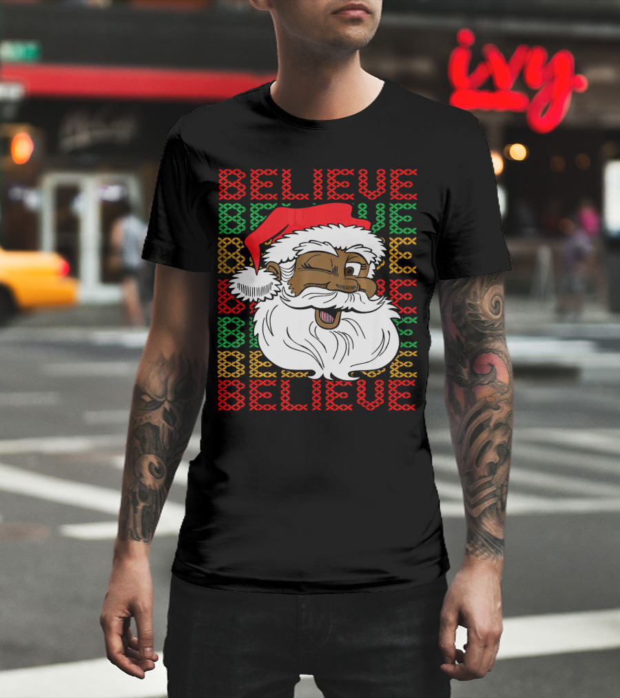 Believe Santa Fun Black Africa Christmas T-Shirt